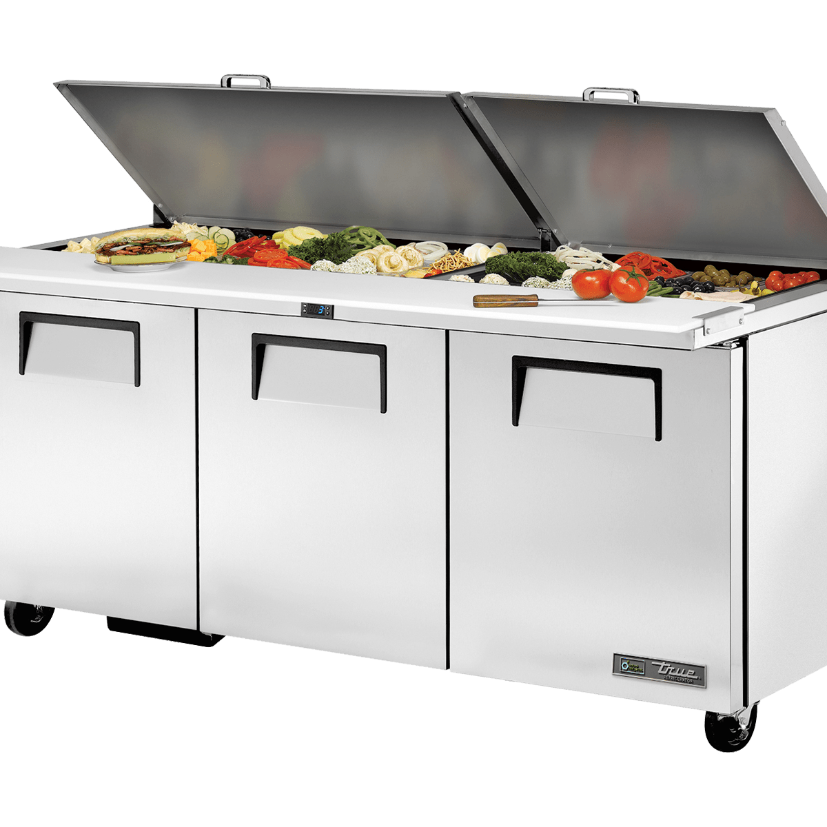 True Refrigeration Dual-SidedPrep Table, 30x 1/6 Top Pans, 3 Solid ...